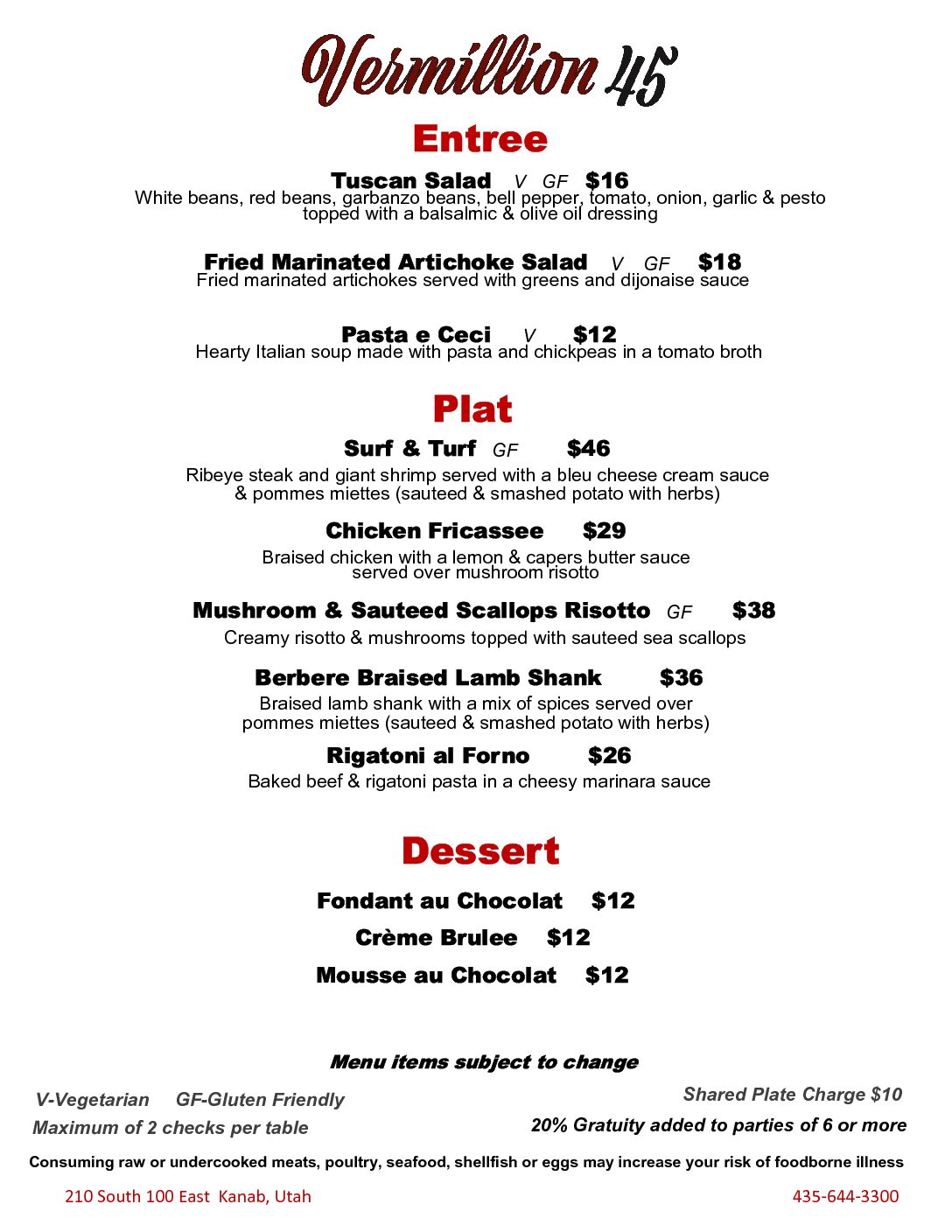 Vermillion 45 French/Italian Bistro Restaurant | Kanab, UT